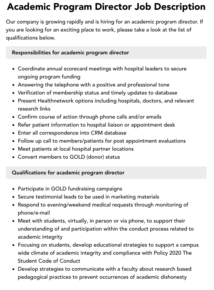 Academic Program Director Job Description Velvet Jobs