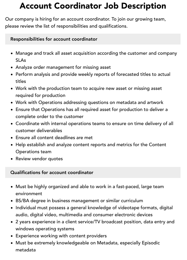 Account Coordinator Job Description Velvet Jobs