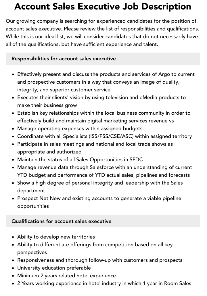 Account Sales Executive Job Description Velvet Jobs