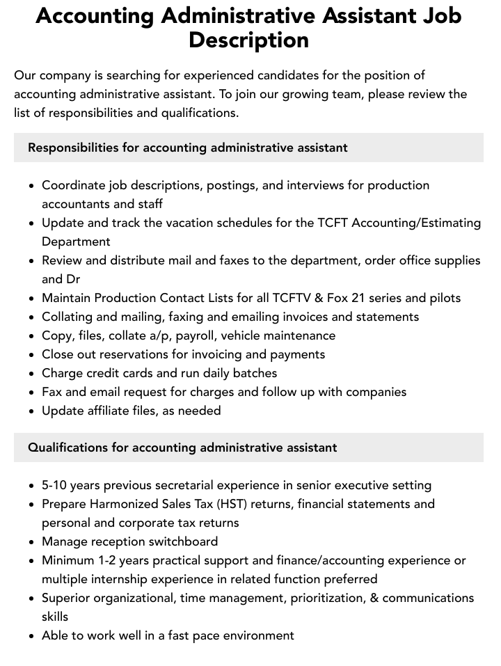 Accounting Administrative Assistant Job Description Velvet Jobs