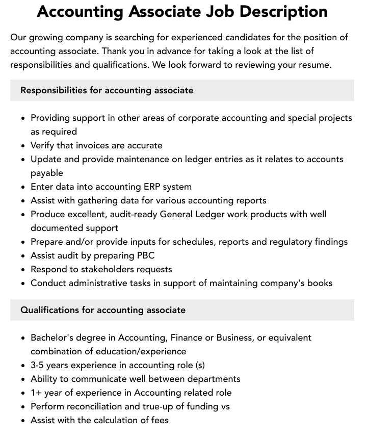 Accounting Associate Job Description Velvet Jobs