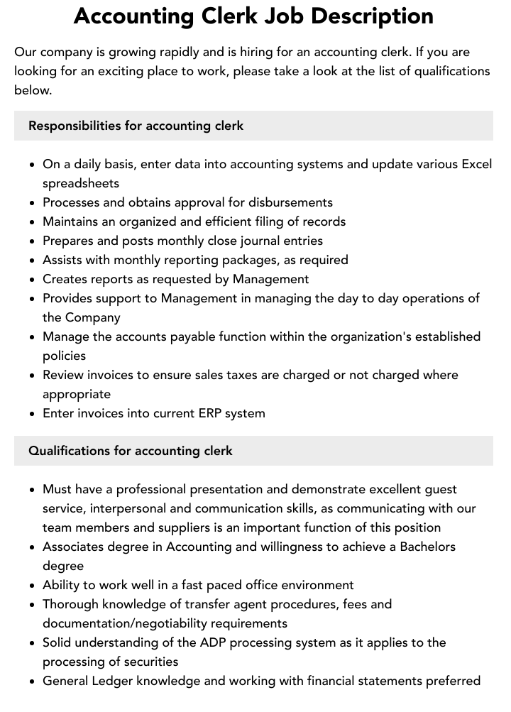 Accounting Clerk Job Description Velvet Jobs