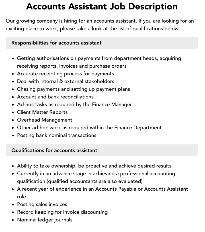 Accounts Assistant Job Description Velvet Jobs