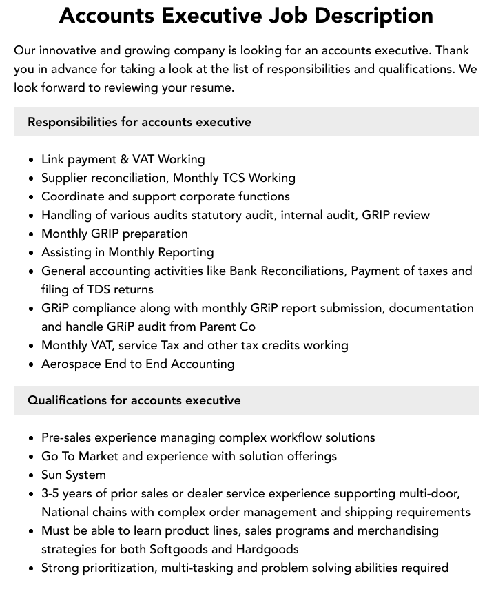 Accounts Executive Job Description Velvet Jobs