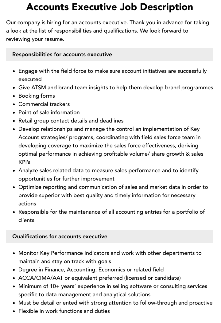 Accounts Executive Job Description Velvet Jobs