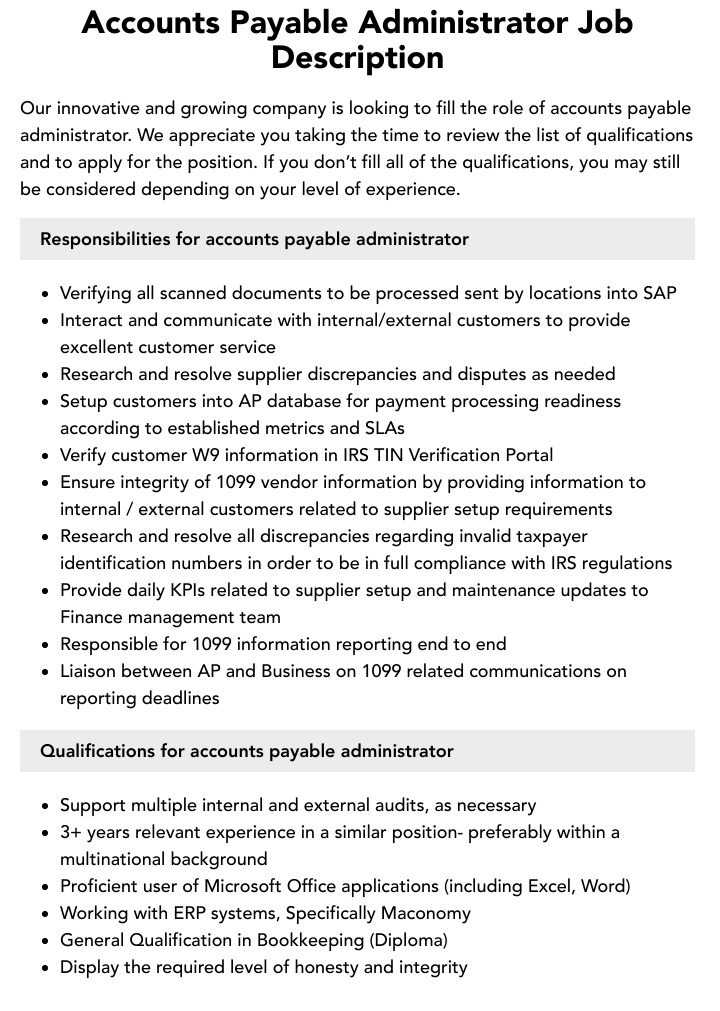  Accounts Payable Administrator Job Description Velvet Jobs