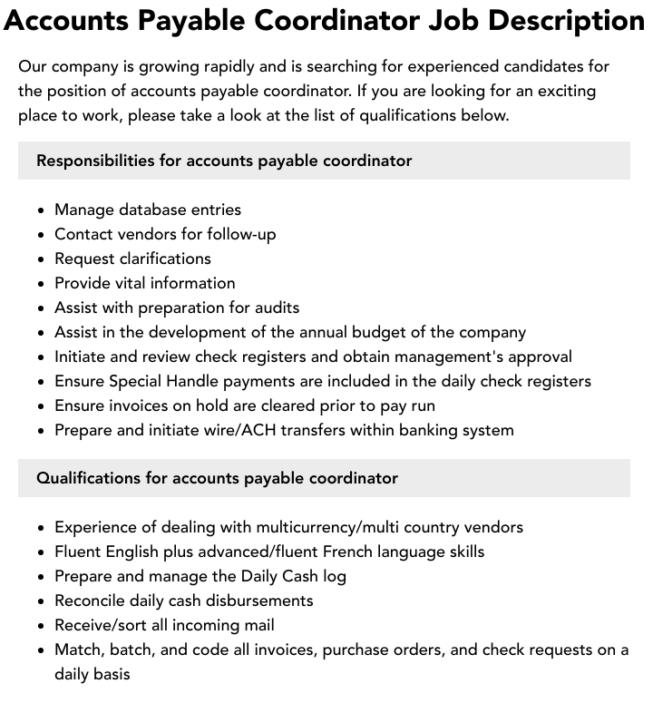 Accounts Payable Coordinator Job Description Velvet Jobs