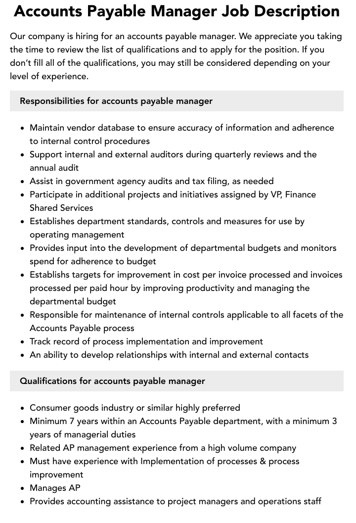 Accounts Payable Manager Job Description Velvet Jobs