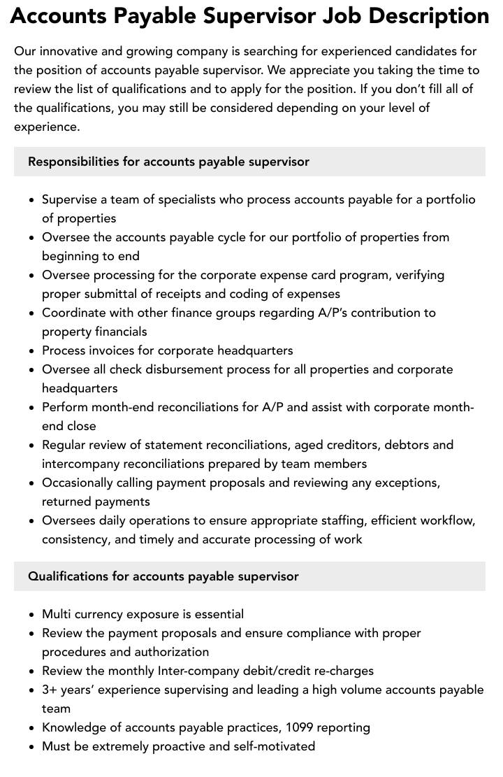 Accounts Payable Supervisor Job Description Velvet Jobs