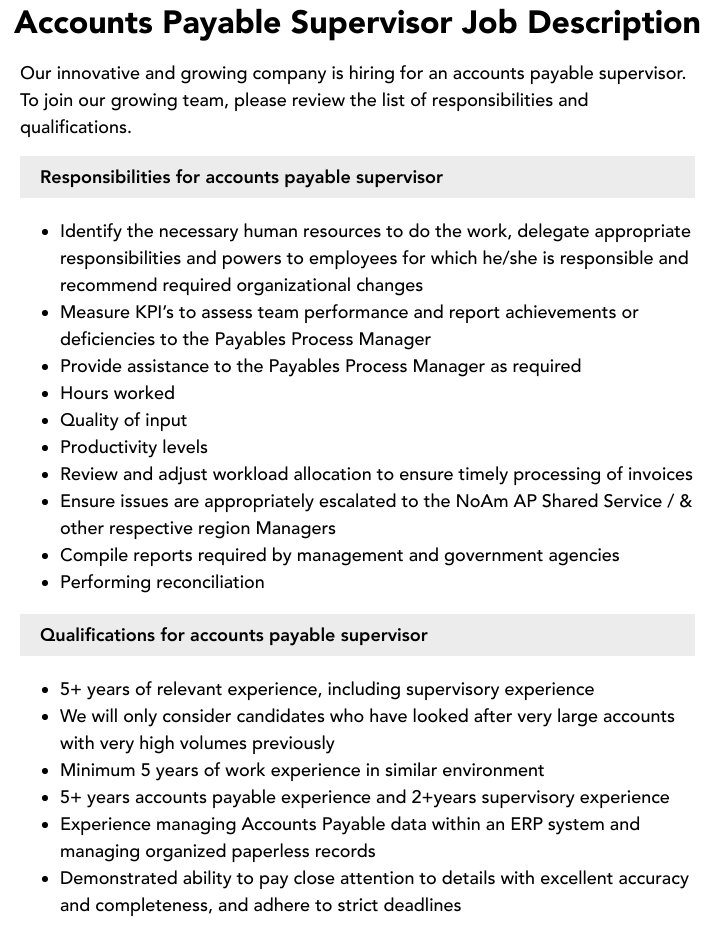Accounts Payable Supervisor Job Description Velvet Jobs