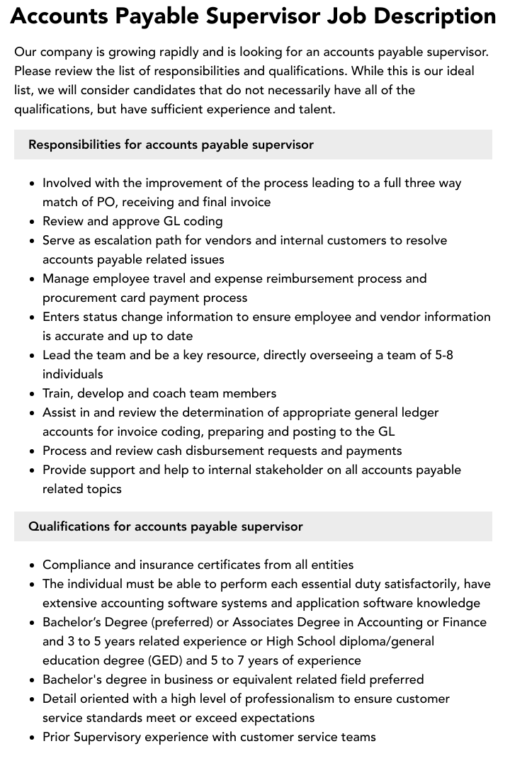 Accounts Payable Supervisor Job Description Velvet Jobs
