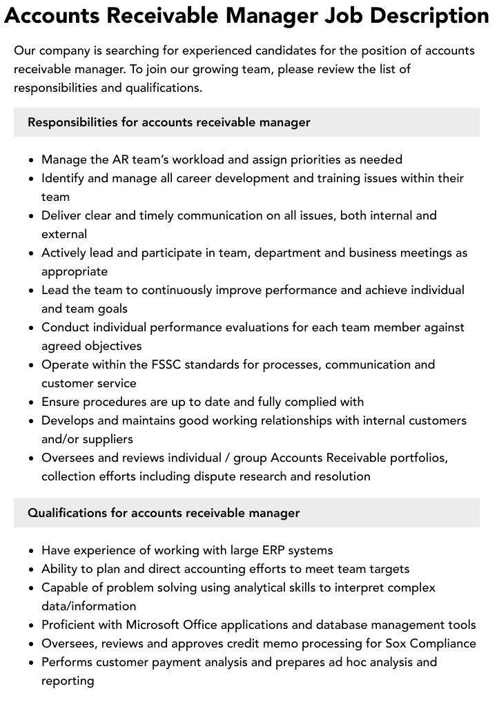 Accounts Receivable Manager Job Description Velvet Jobs
