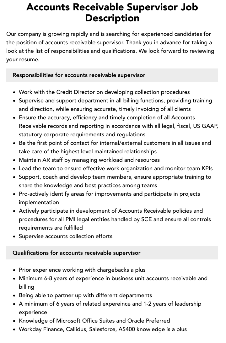 Accounts Receivable Supervisor Job Description Velvet Jobs Accounts Receivable Supervisor Job Description Velvet Jobs