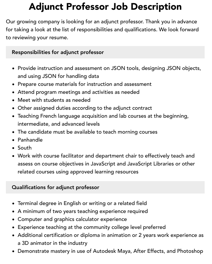 Adjunct Professor Job Description Velvet Jobs