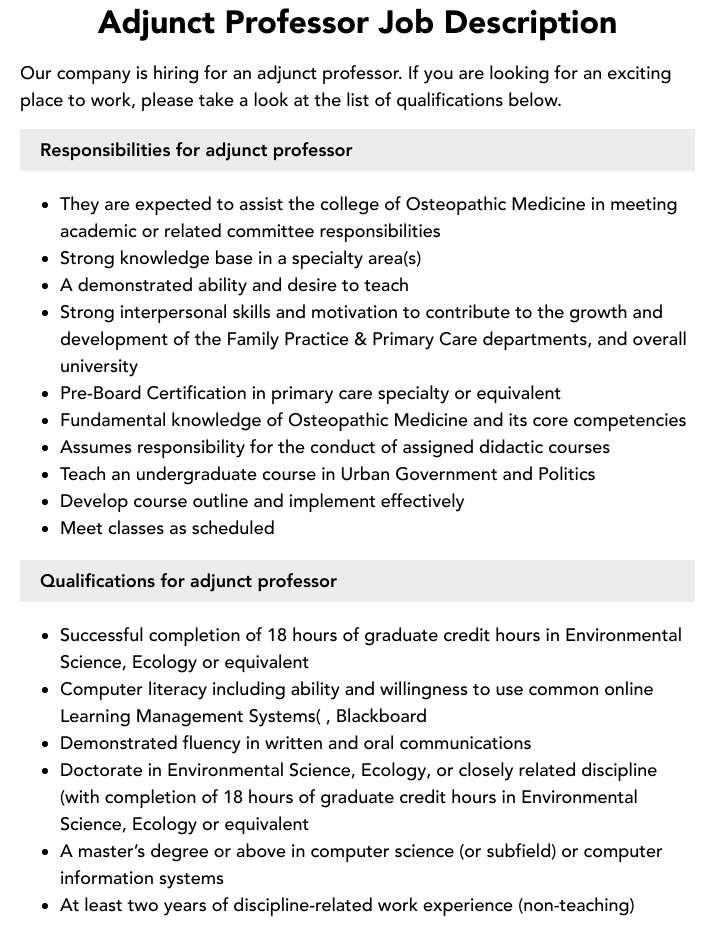 Adjunct Professor Job Description Velvet Jobs