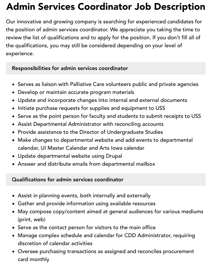 Admin Services Coordinator Job Description Velvet Jobs Admin Services Coordinator Job Description Velvet Jobs