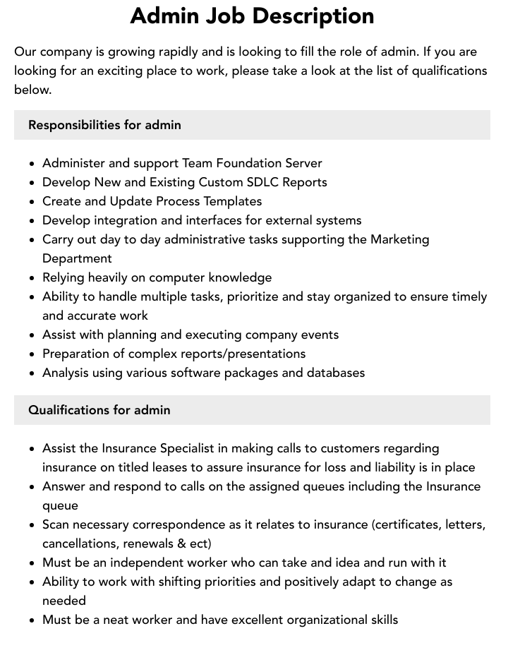 Admin Job Description Velvet Jobs