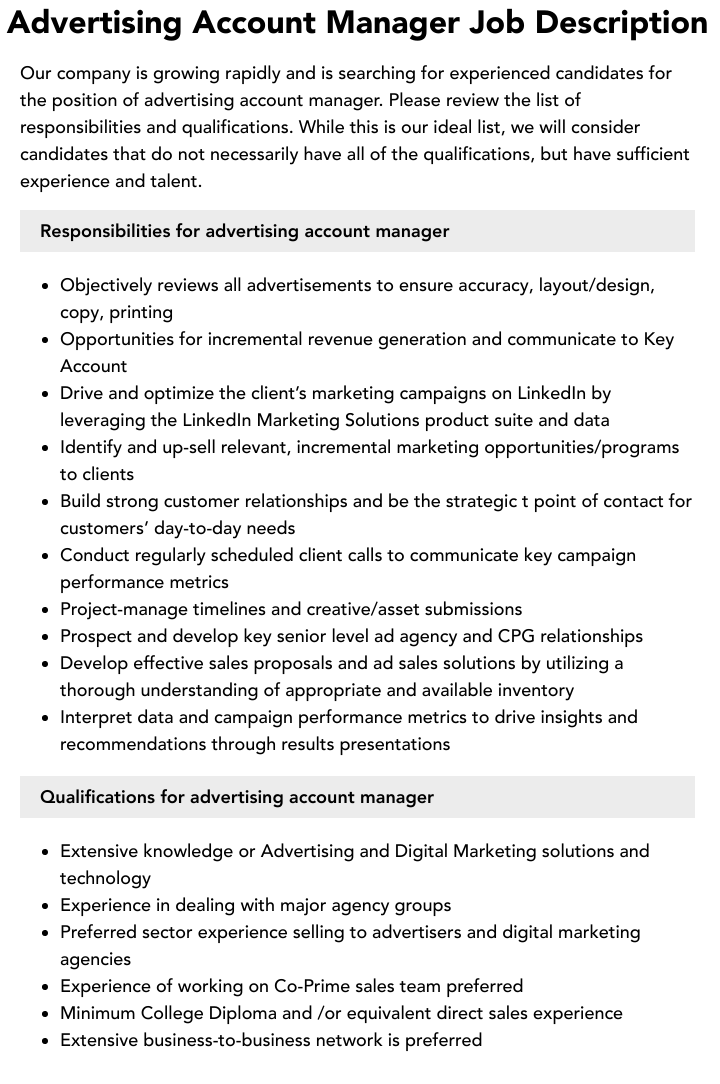 Advertising Account Manager Job Description Velvet Jobs
