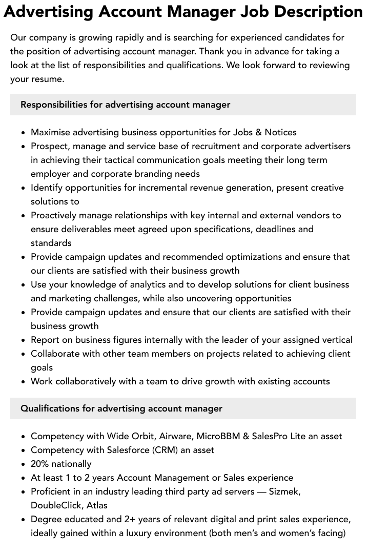 Advertising Account Manager Job Description Velvet Jobs