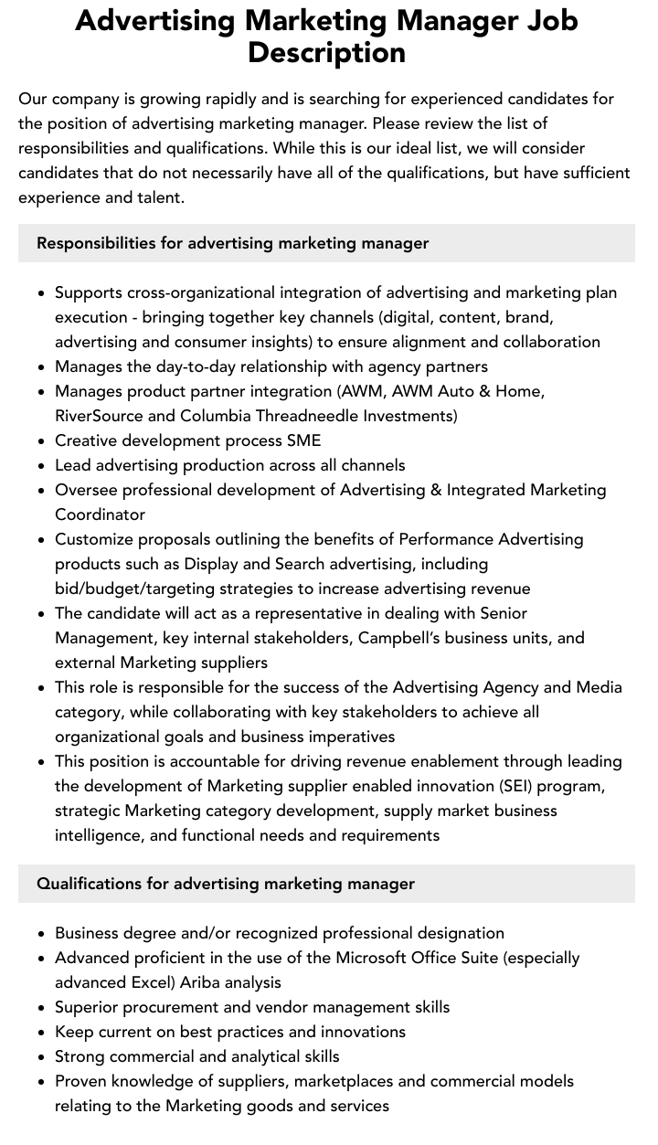 Advertising Marketing Manager Job Description Velvet Jobs