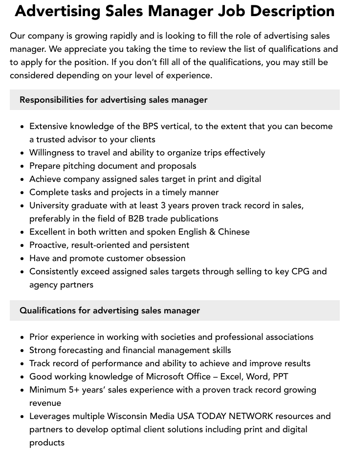 Advertising Sales Manager Job Description Velvet Jobs