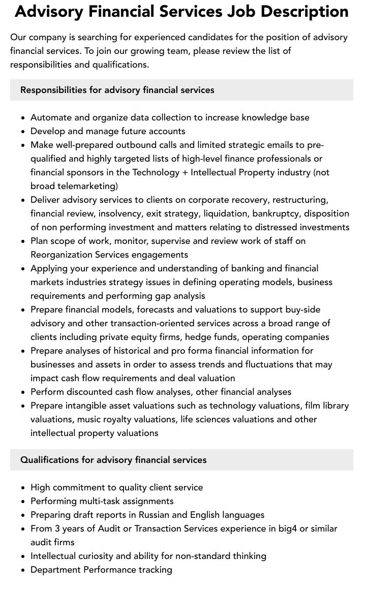 Advisory Financial Services Job Description Velvet Jobs