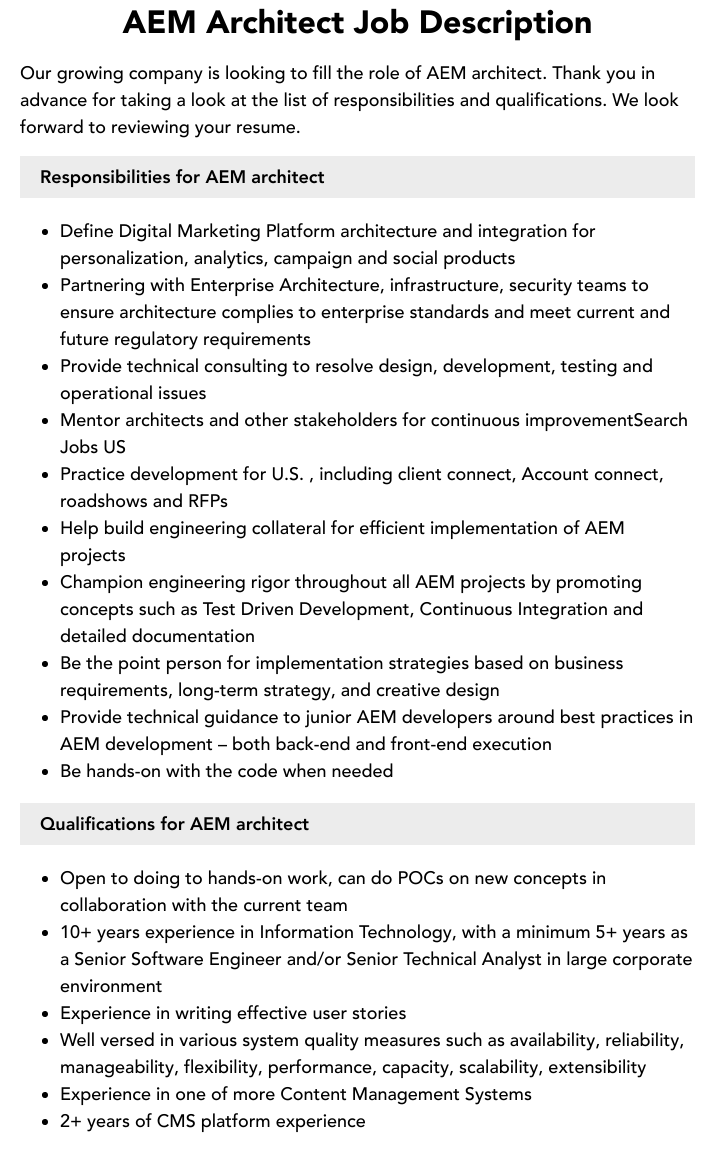AEM Architect Job Description Velvet Jobs