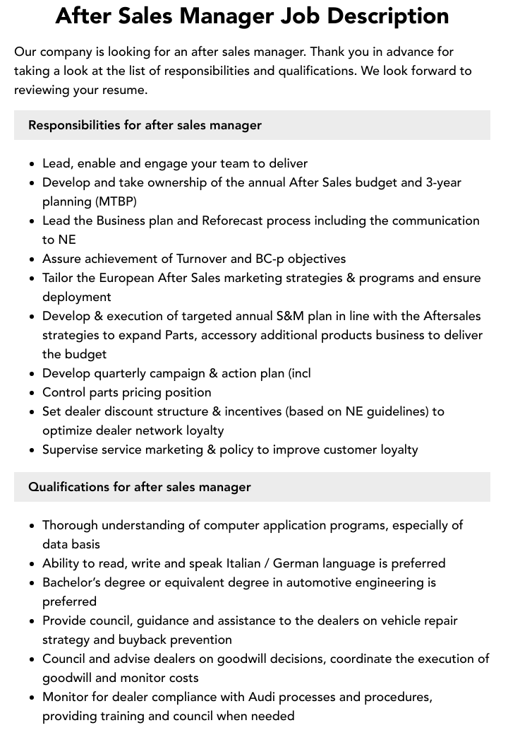 After Sales Manager Job Description Velvet Jobs After Sales Manager Job Description Velvet Jobs