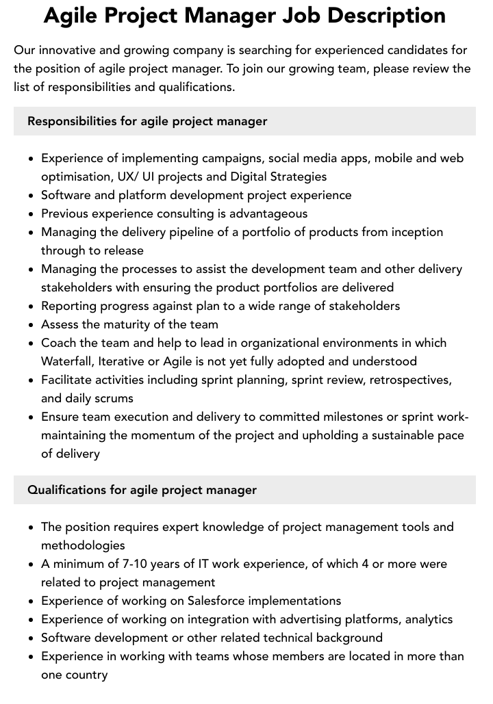 Agile Project Manager Job Description Velvet Jobs