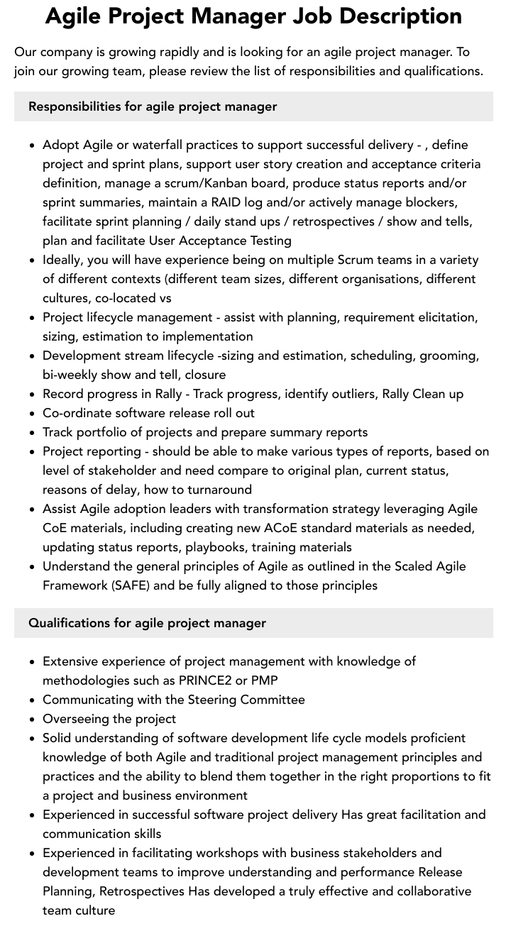 Agile Project Manager Job Description Velvet Jobs