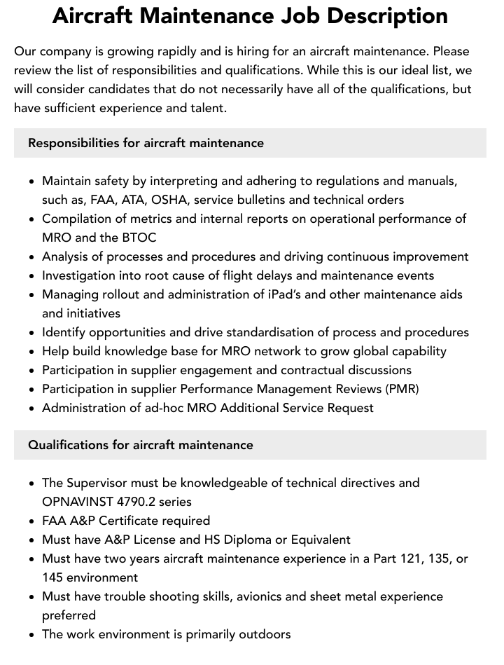 Aircraft Maintenance Job Description Velvet Jobs