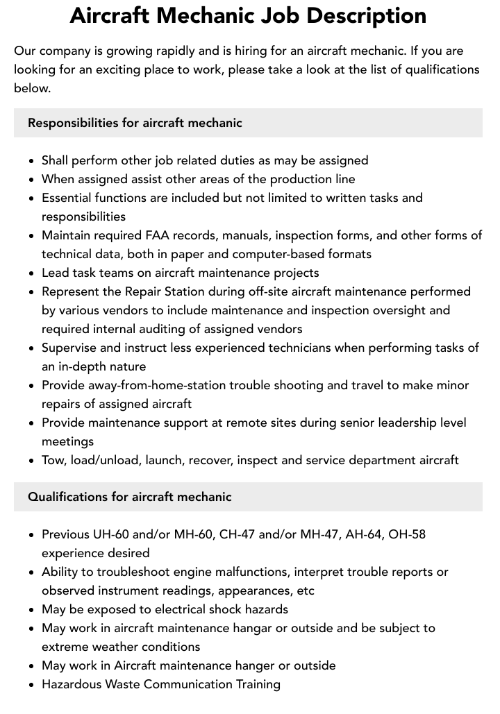 Aircraft Mechanic Job Description Velvet Jobs Aircraft Mechanic Job Description Velvet Jobs