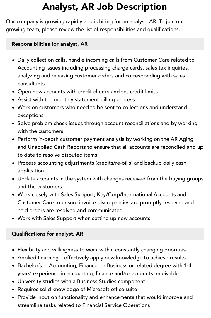 Analyst AR Job Description Velvet Jobs