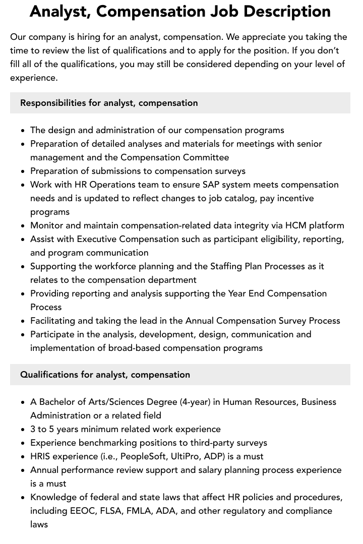 Analyst Compensation Job Description Velvet Jobs