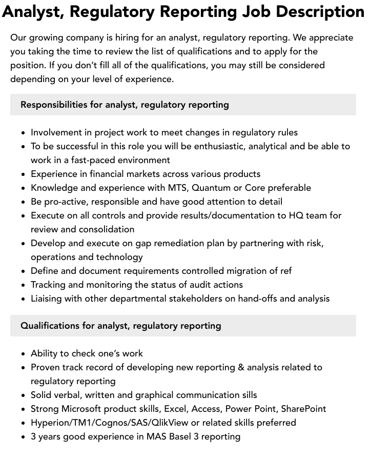 Analyst Regulatory Reporting Job Description Velvet Jobs
