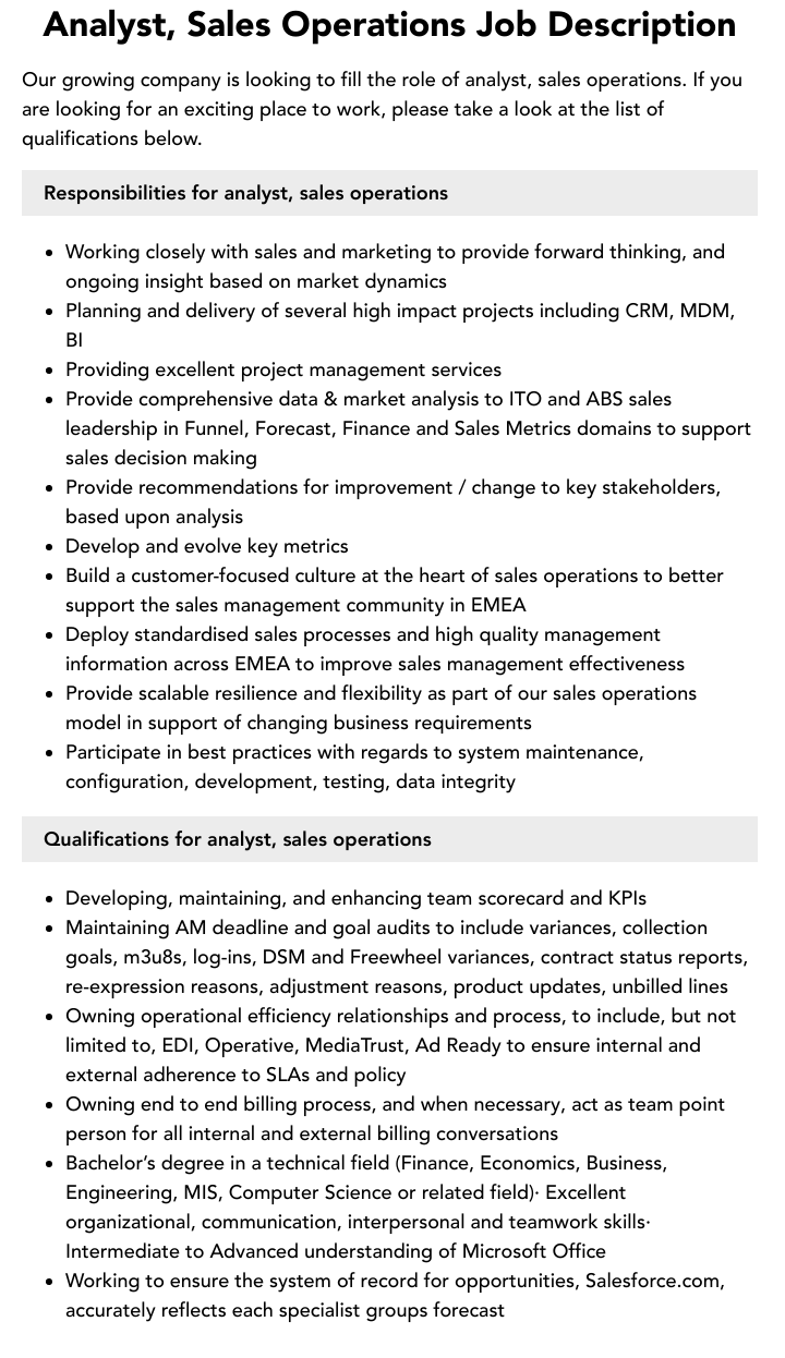 Analyst Sales Operations Job Description Velvet Jobs