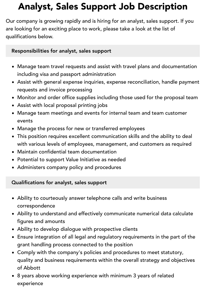 Analyst Sales Support Job Description Velvet Jobs