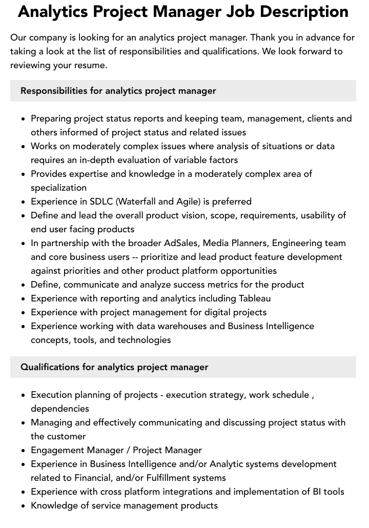 Analytics Project Manager Job Description Velvet Jobs Analytics Project Manager Job Description Velvet Jobs