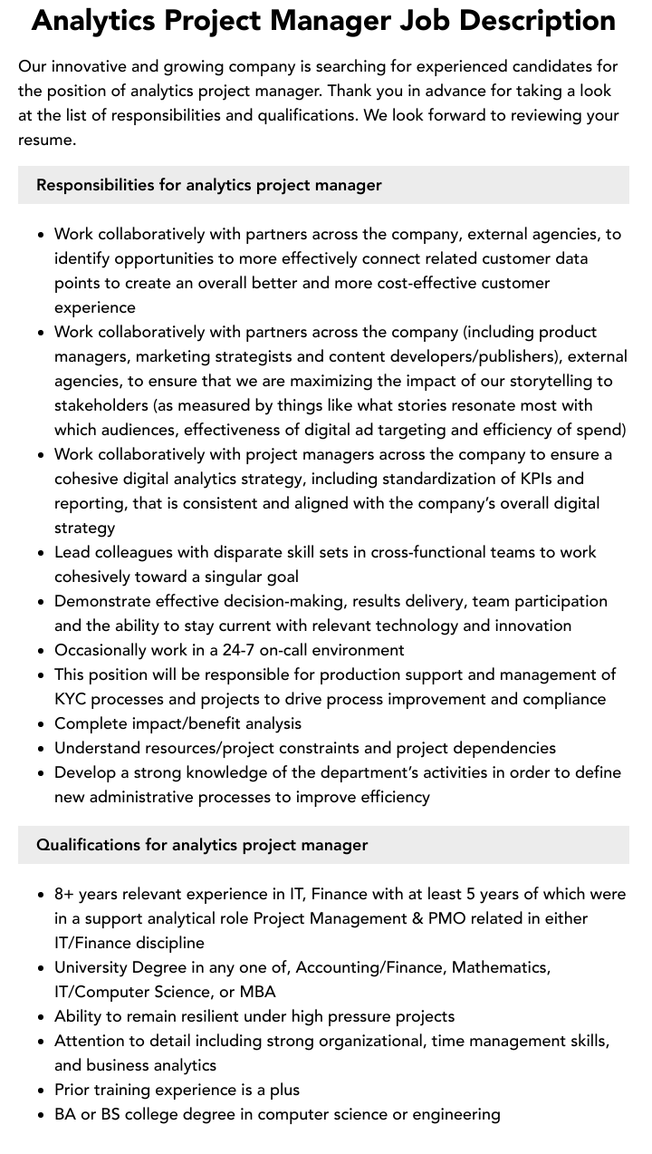 Analytics Project Manager Job Description Velvet Jobs Analytics Project Manager Job Description Velvet Jobs