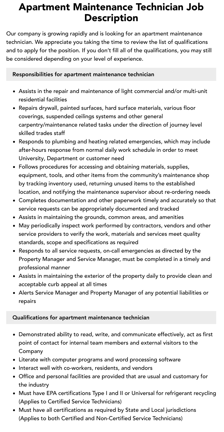Apartment Maintenance Technician Job Description Velvet Jobs