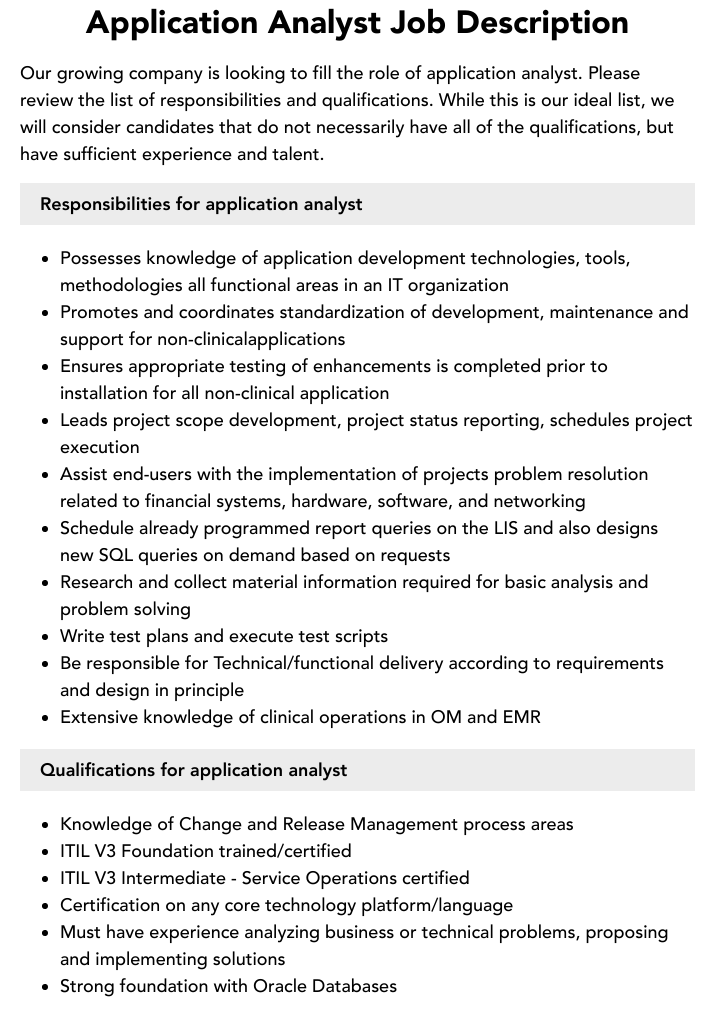 Application Analyst Job Description Velvet Jobs