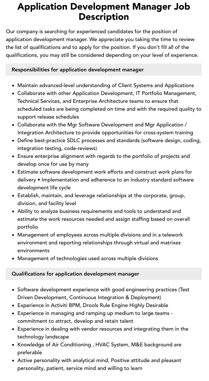 Application Development Manager Job Description Velvet Jobs