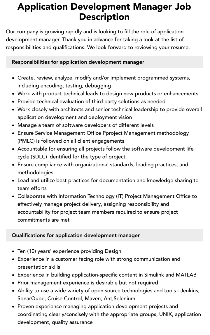 Application Development Manager Job Description Velvet Jobs