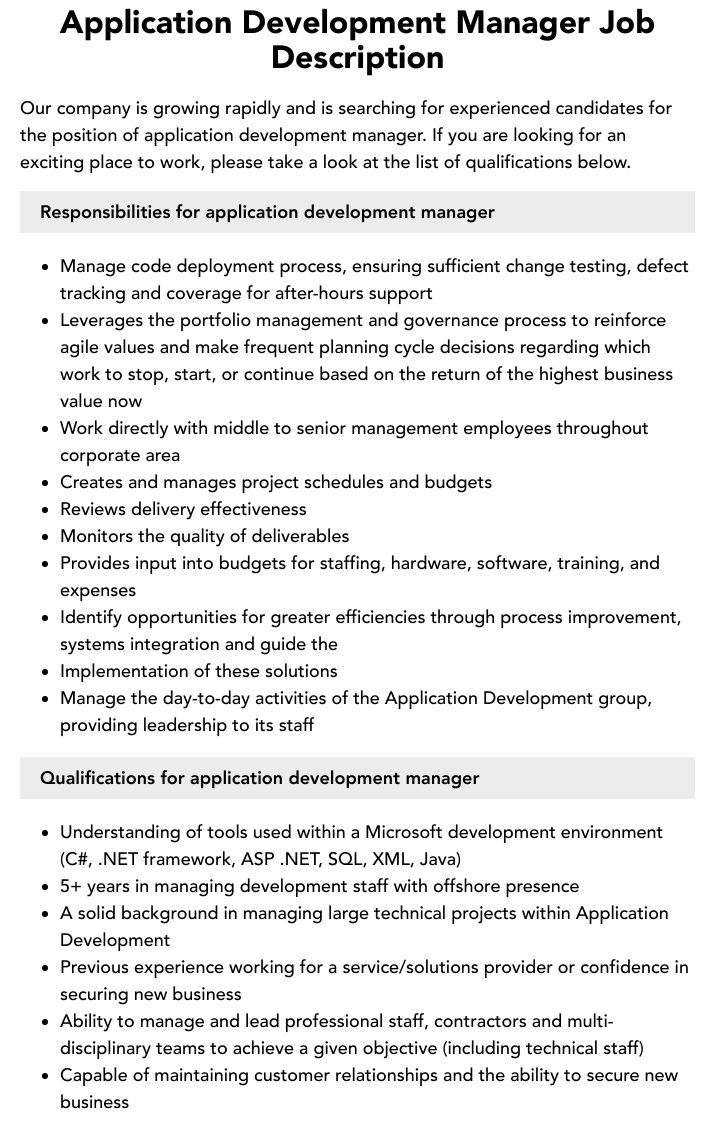 Application Development Manager Job Description Velvet Jobs