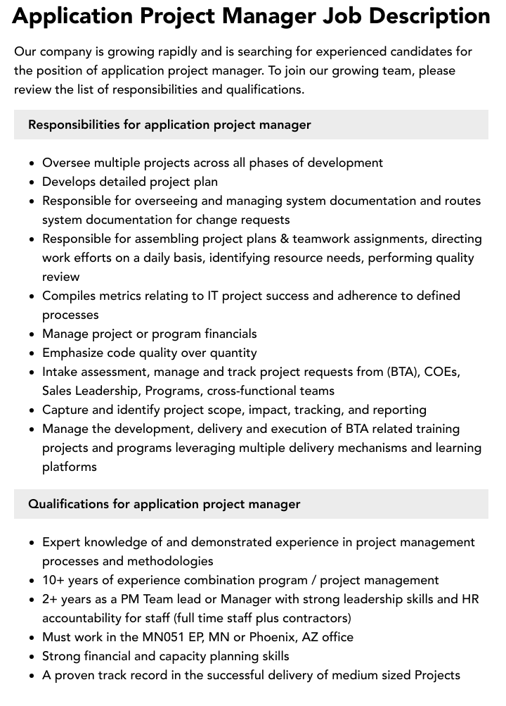Application Project Manager Job Description Velvet Jobs