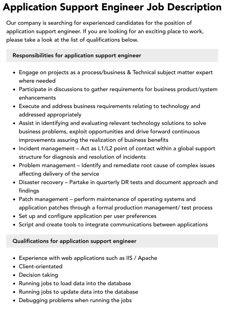 Application Support Engineer Job Description Velvet Jobs