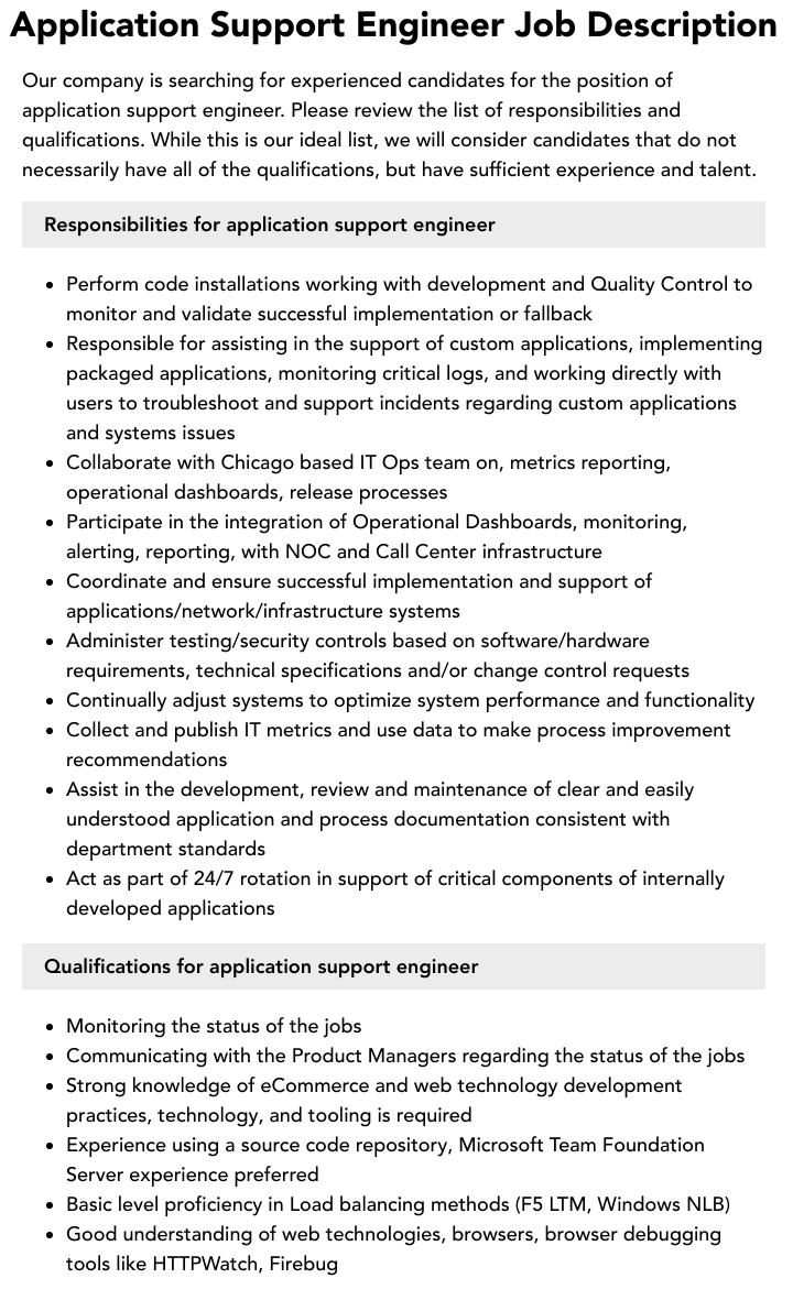 Application Support Engineer Job Description Velvet Jobs