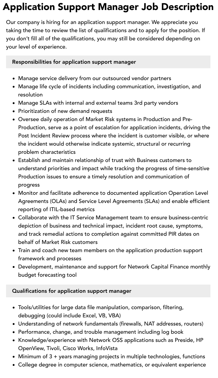 Application Support Manager Job Description Velvet Jobs