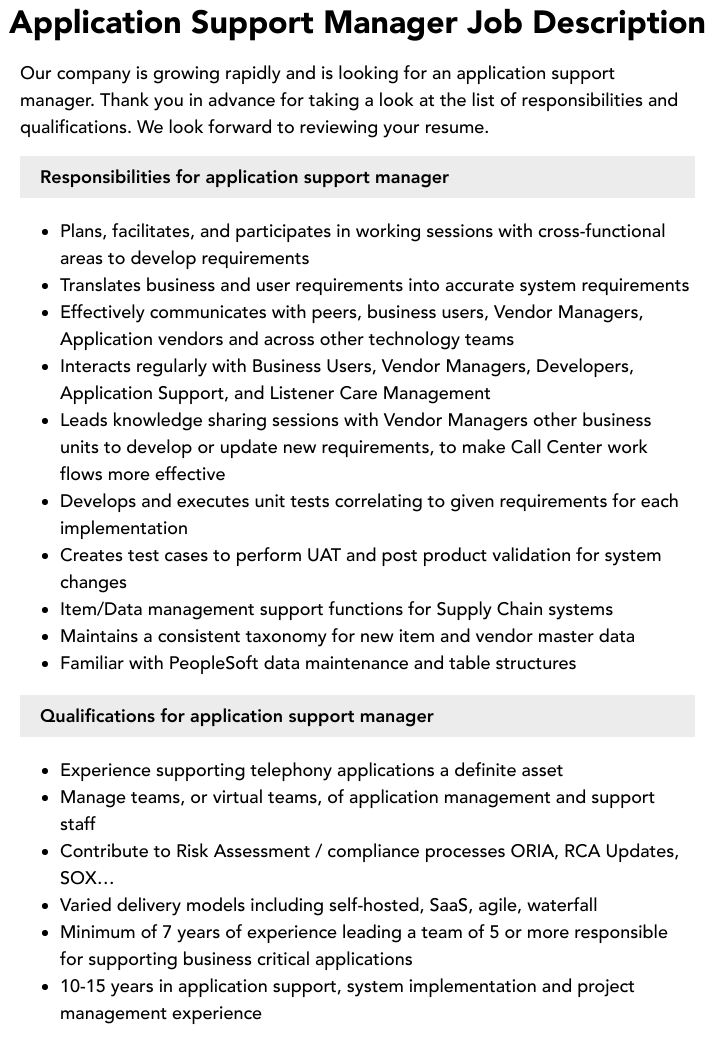 Application Support Manager Job Description Velvet Jobs