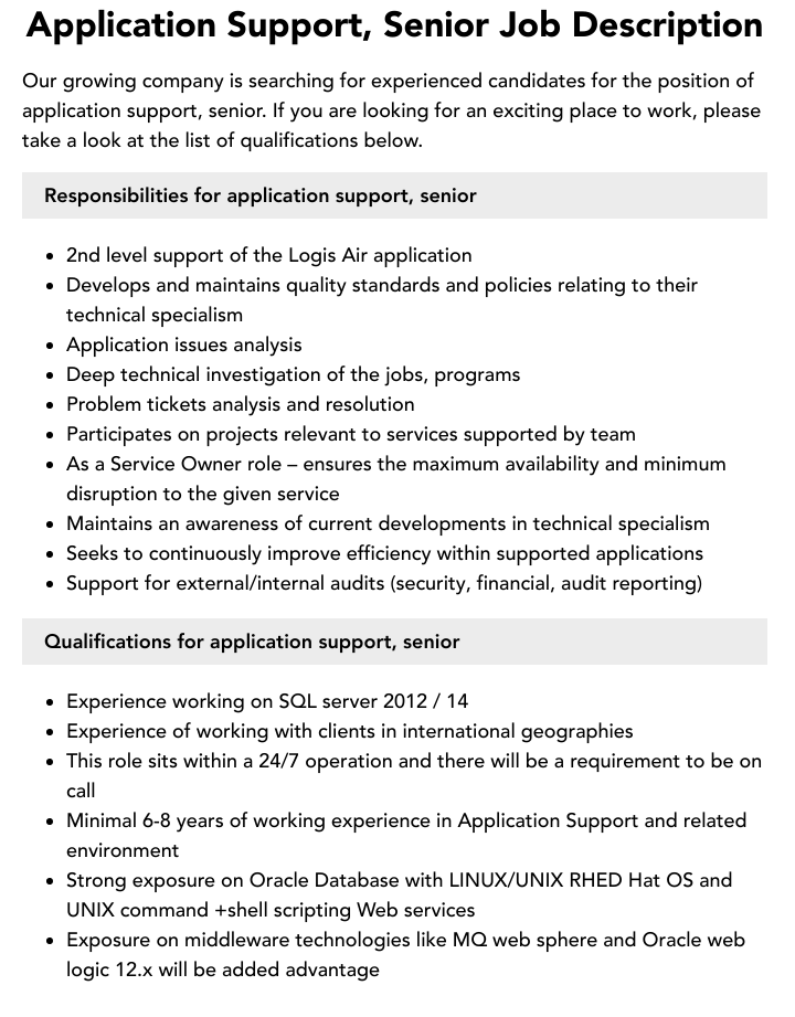 Application Support Senior Job Description Velvet Jobs